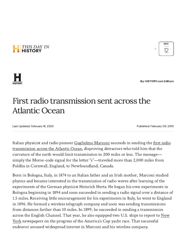 First Radio Transmission Sent Across The Atlantic Ocean - December 12 ...