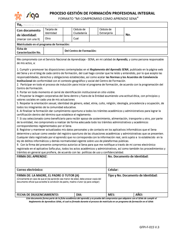 GFPI-F-015 - Formato - Compromiso - Del - Aprendiz - V2 MOD. | PDF