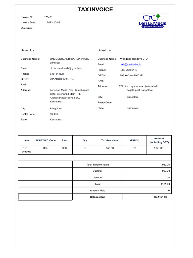 Wonderla - Eye Checkup Invocie | PDF | Invoice | Taxation