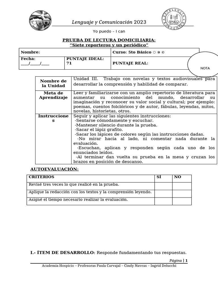 PRUEBA LECTURA 7 Reporteros y 1 Periodico 5tos | PDF