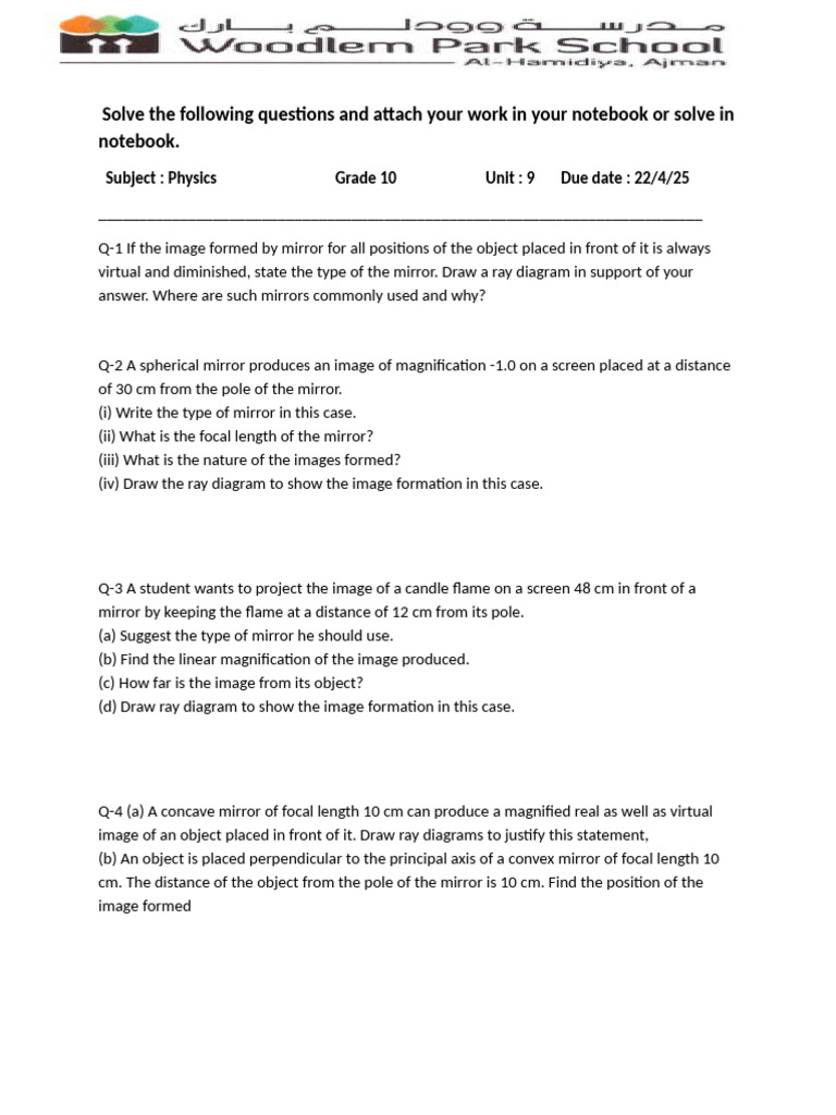 Grade 10 Physics Mirror Questions | PDF