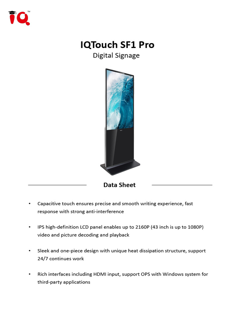IQTouch Digital Signage SF1 Pro Specification 20250226 | PDF | Touchscreen | Consumer Electronics