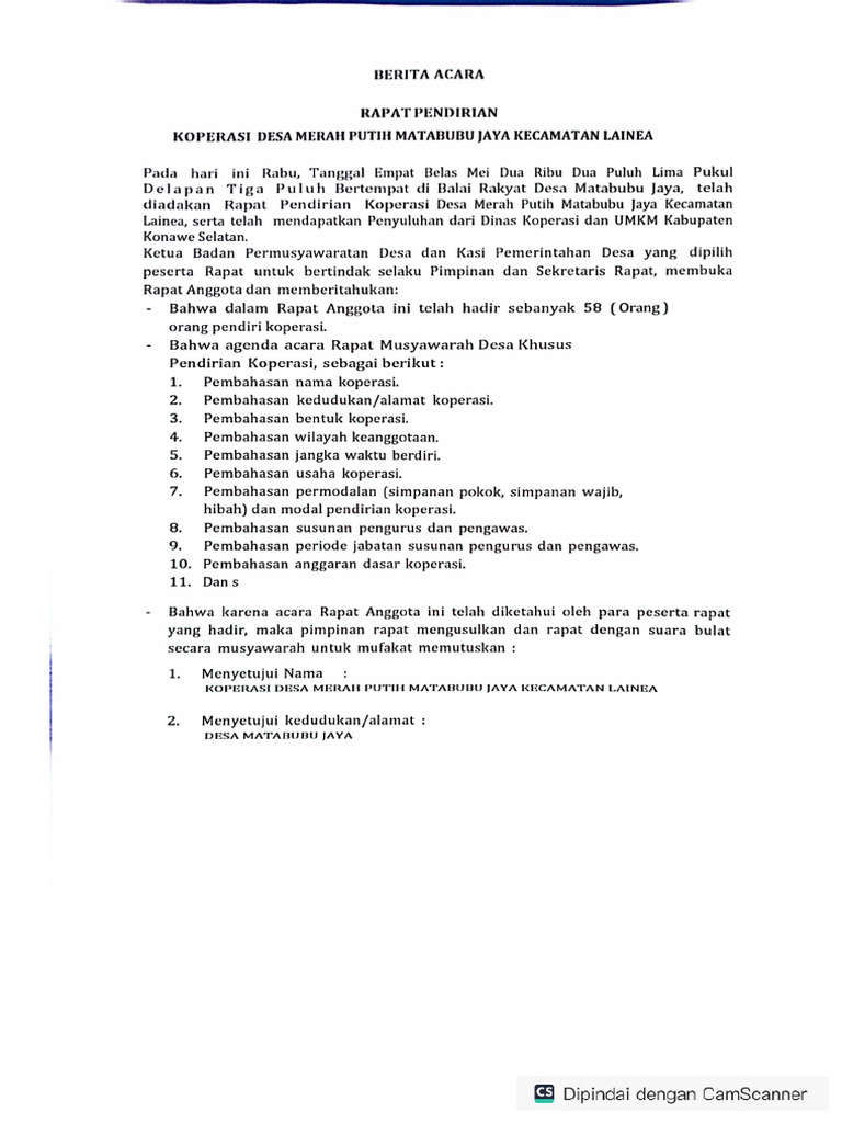 Berita Acara Pendirian Koperasi Desa Merah Putih | PDF