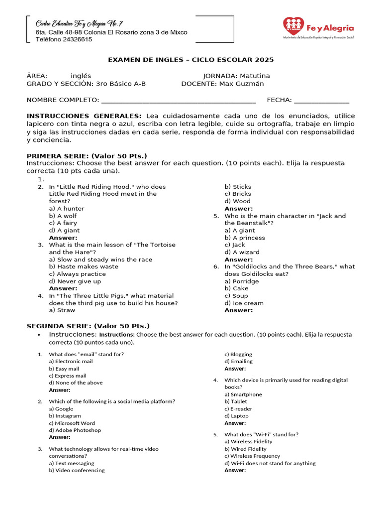 EXAMEN DE INGLES 3ro. BASICO 2025 | PDF