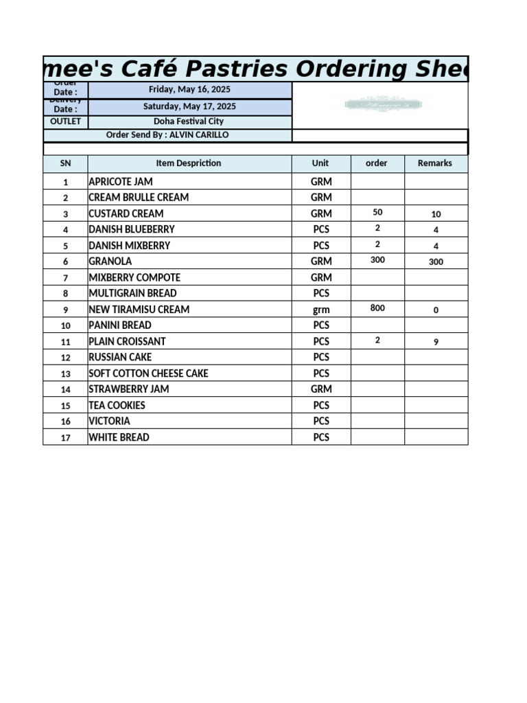 Aimee's Cafe DFC Pastries Ordering Sheet-16 | PDF