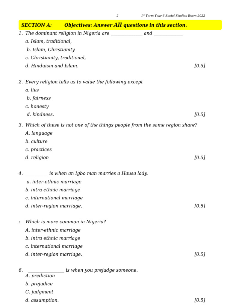 Year 6 Social Studies Exam 2022 | PDF | Marriage | Government