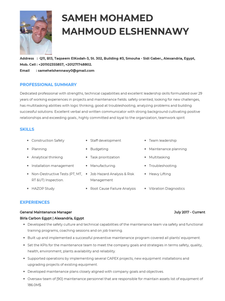 Sameh Mohamed Mahmoud Elshennawy Resume | PDF | Safety
