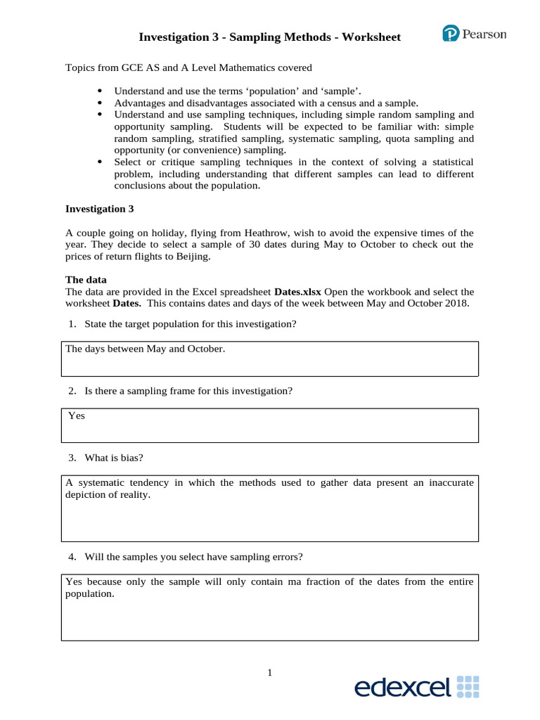 Investigation 3-Worksheet FINAL | PDF | Sampling (Statistics ...
