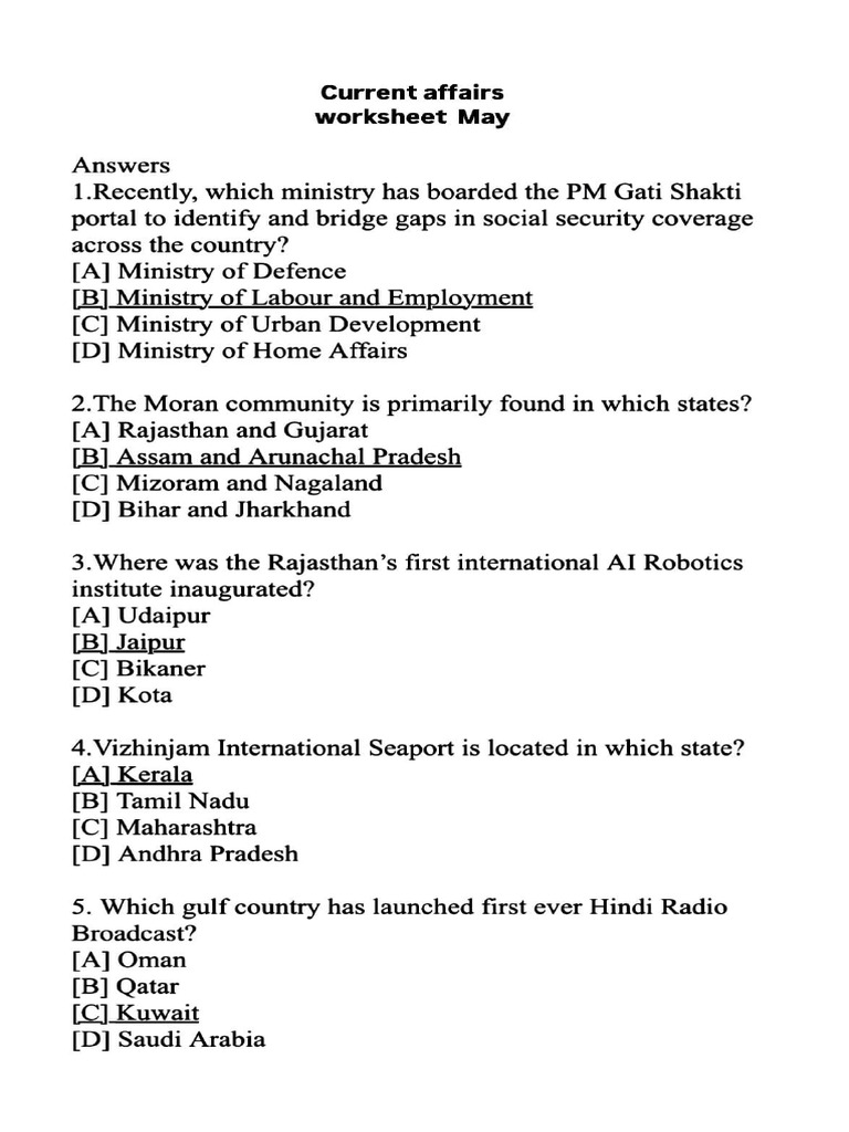 G.K Worksheet May Ans - Key | PDF
