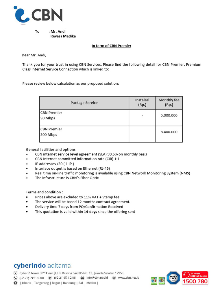 CBN's Internet Quotation Dedicated - Revass Medika | PDF | Internet | Service Level Agreement