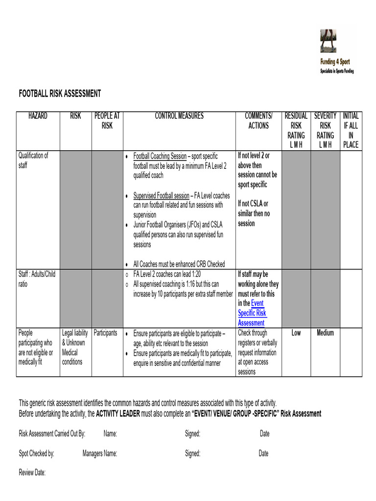 Example Football Risk Assessment | PDF | First Aid | Risk Assessment