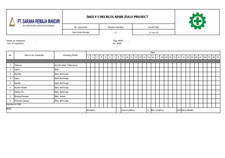 Daily Checklist Apar | PDF