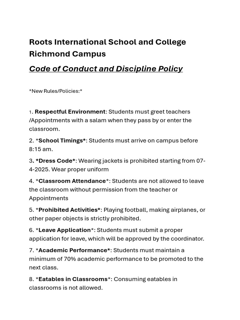 Roots International School and College Richmond Campus: Code of Conduct ...
