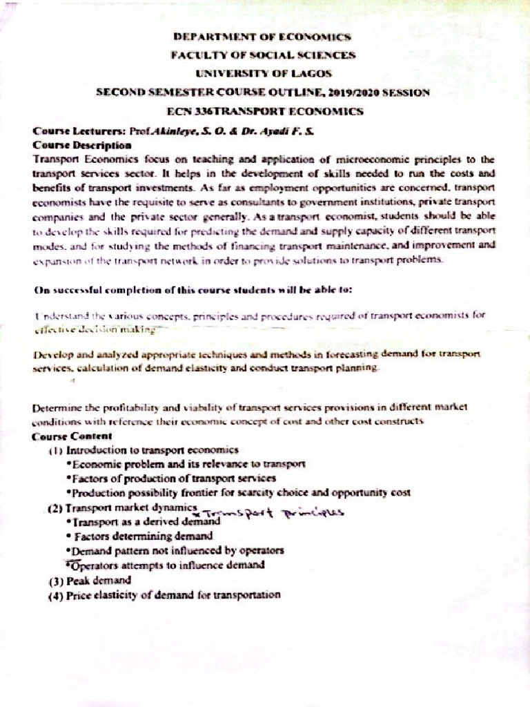 Transport Economics Outline | PDF