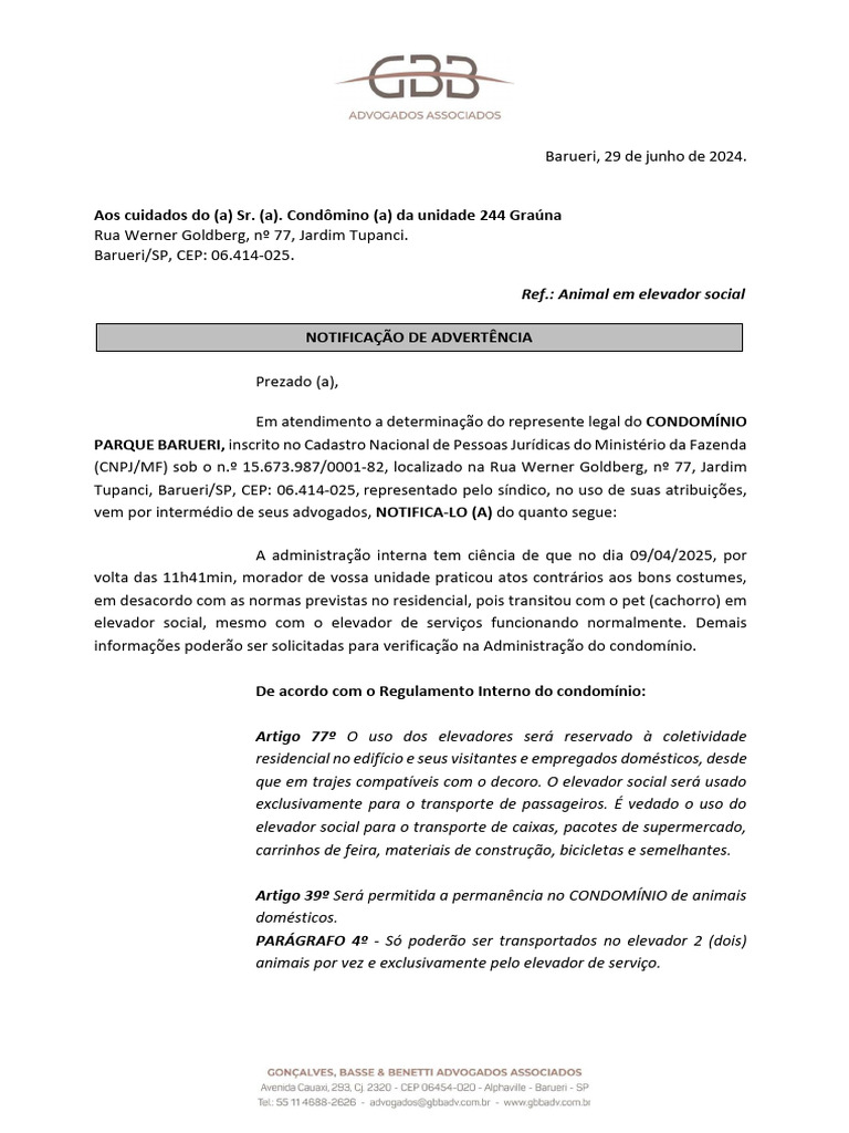 Parque. Barueri - Advertência - Unidade 244 Graúna - Pet em Elevador Social. | PDF | Condomínio