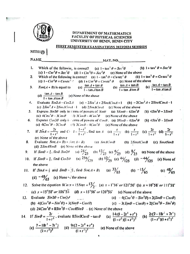 MTH 101 Assignment Questions | PDF