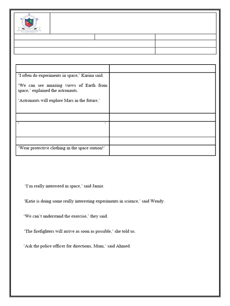Grade 5 - Reported Speech Worksheet | PDF | Human Spaceflight ...