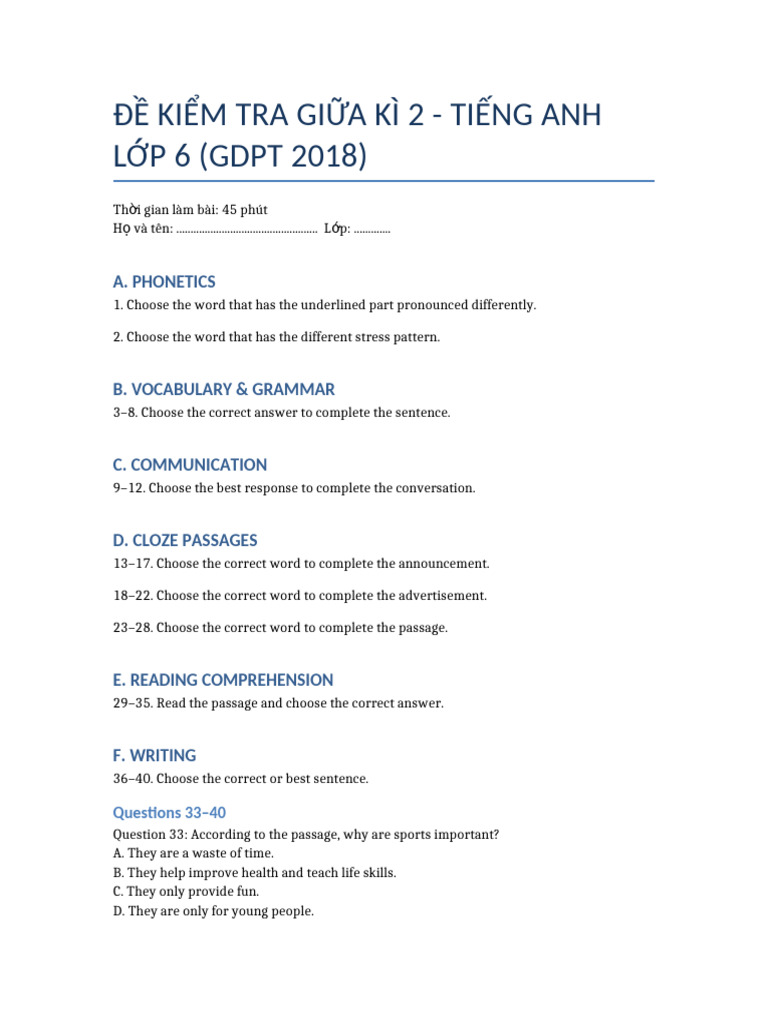 De Kiem Tra Tieng Anh 6 GK2 | PDF