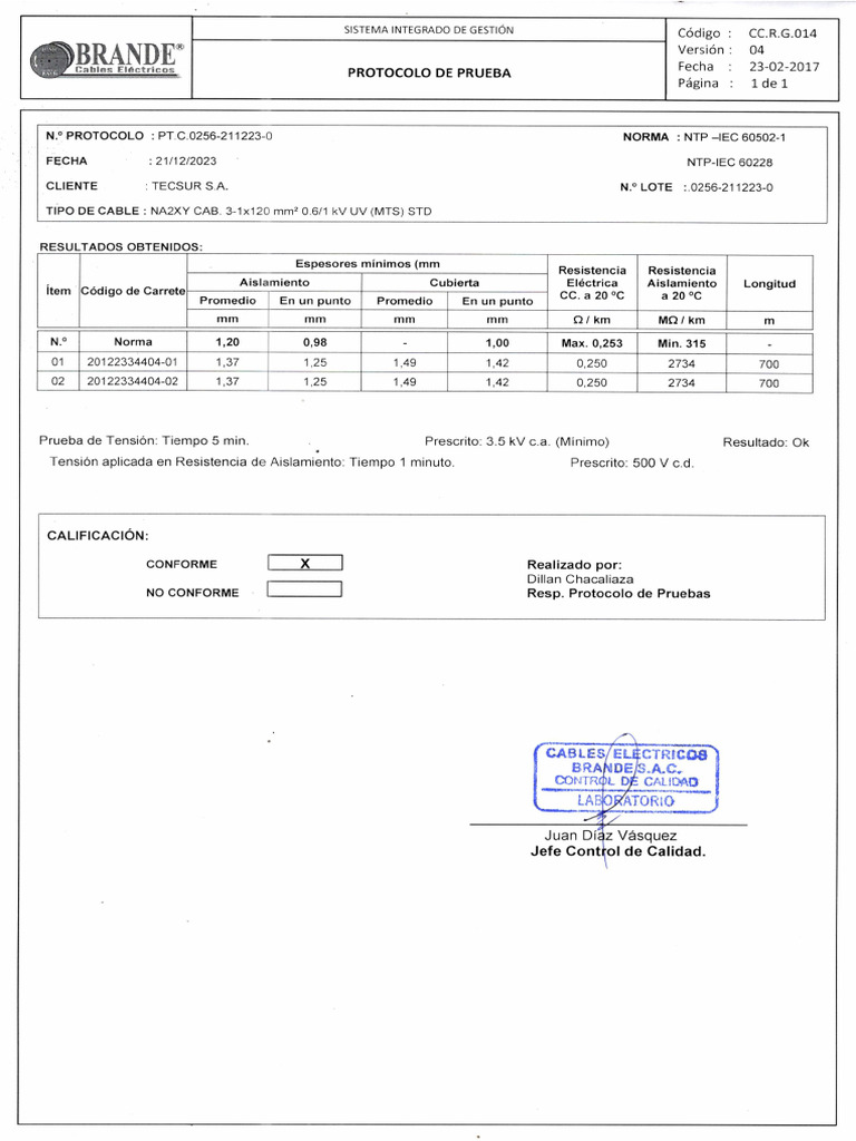CABLE NA2XY BT 3-1x120 mm2 - 0256-211223-0 - CF-036-2024 | PDF