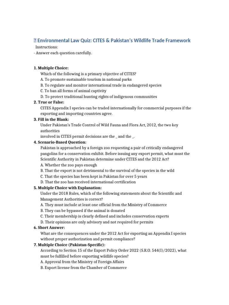 Environmental Law Quiz | PDF | Cites | Zoo