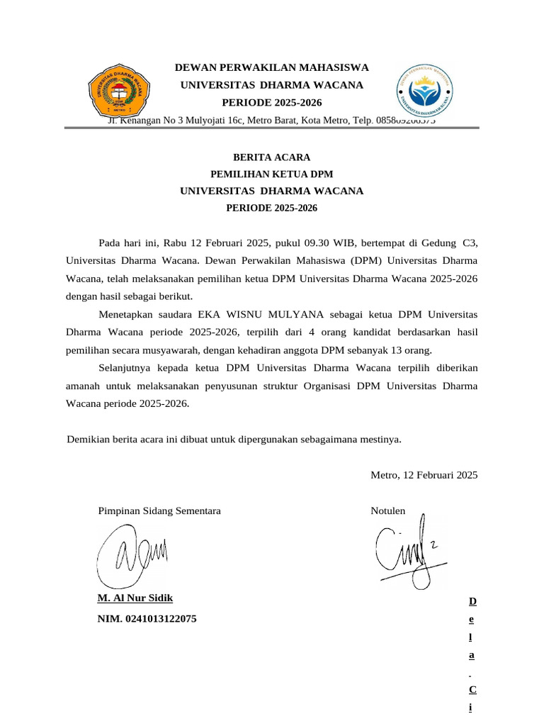 Berita Acara Pemilihan Ketua DPM | PDF