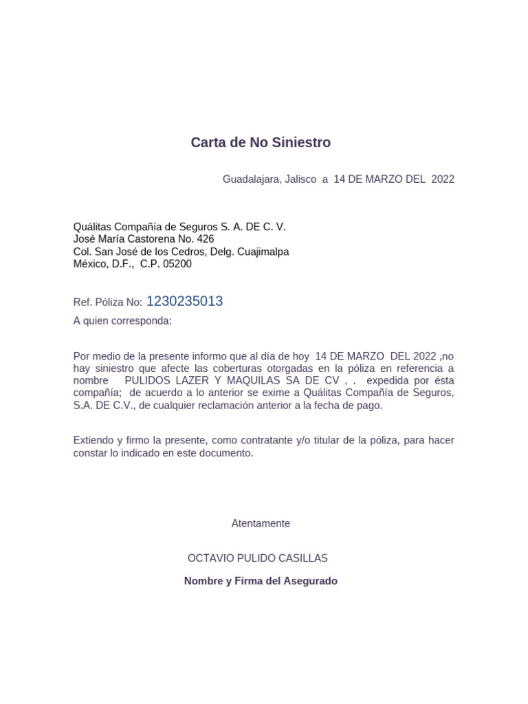 Carta de No Siniestro Asegurado QUALITAS | PDF