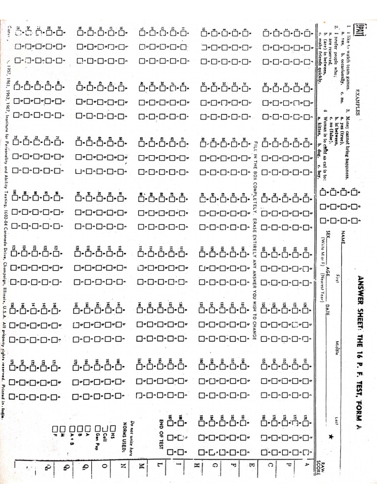 16 PF Form A Answer Sheet | PDF