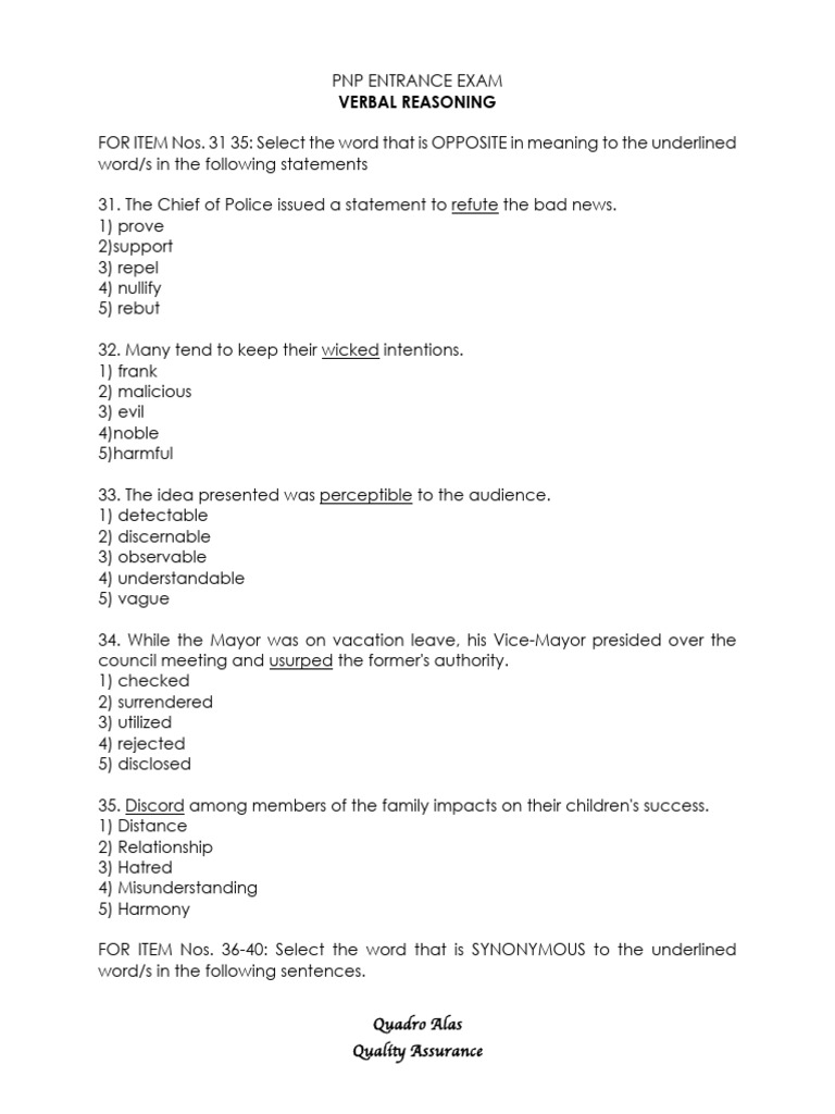 PNP ENTRANCE EXAM - VERBAL REASONING | PDF | Happiness | Spirituality