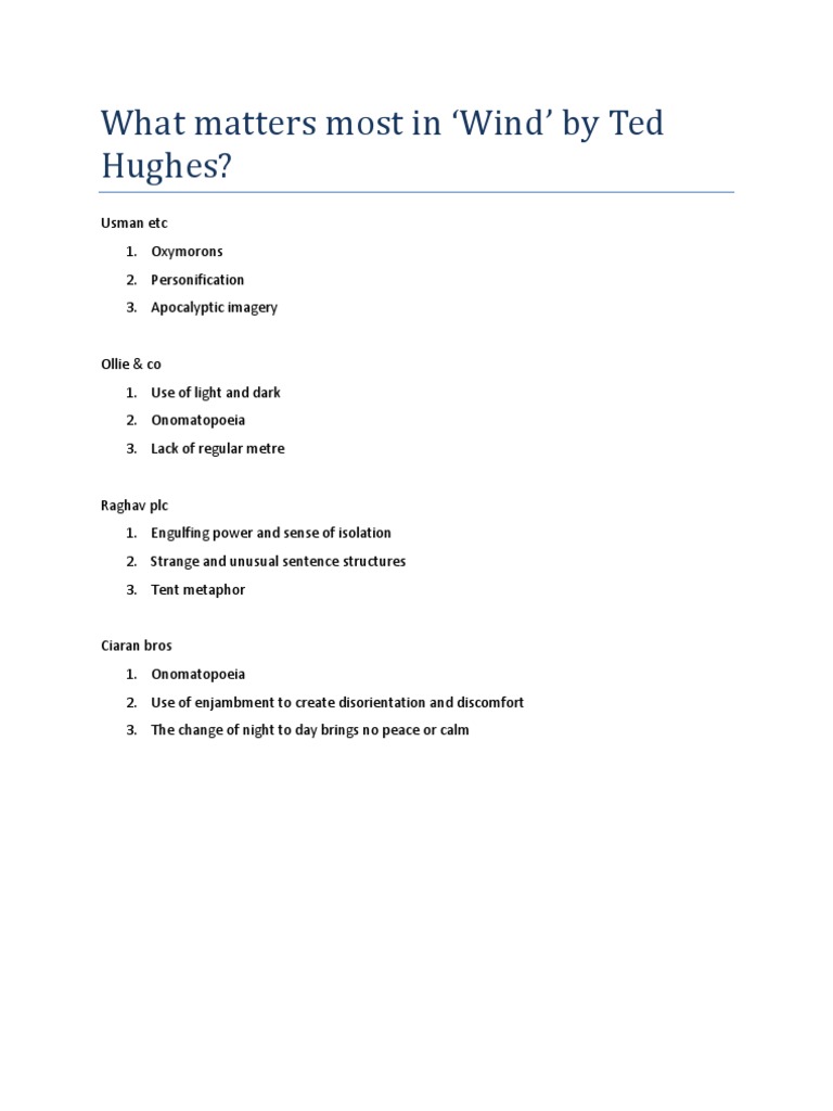 'Wind' by Ted Hughes - Significant Aspects | PDF