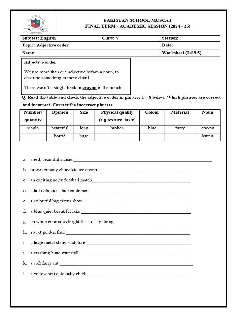 Grade 5 - Adjective Order | PDF