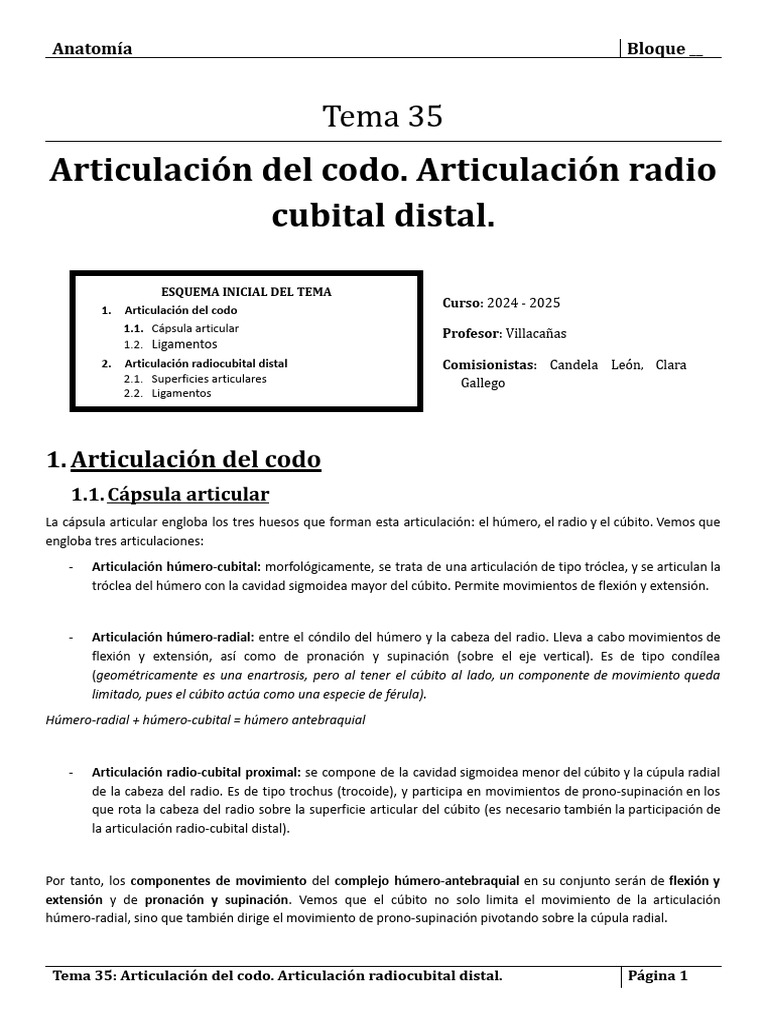 Tema 35 - Articulación Del Codo. Articulación Radio Cubital Distal. | PDF | Codo | Articulación