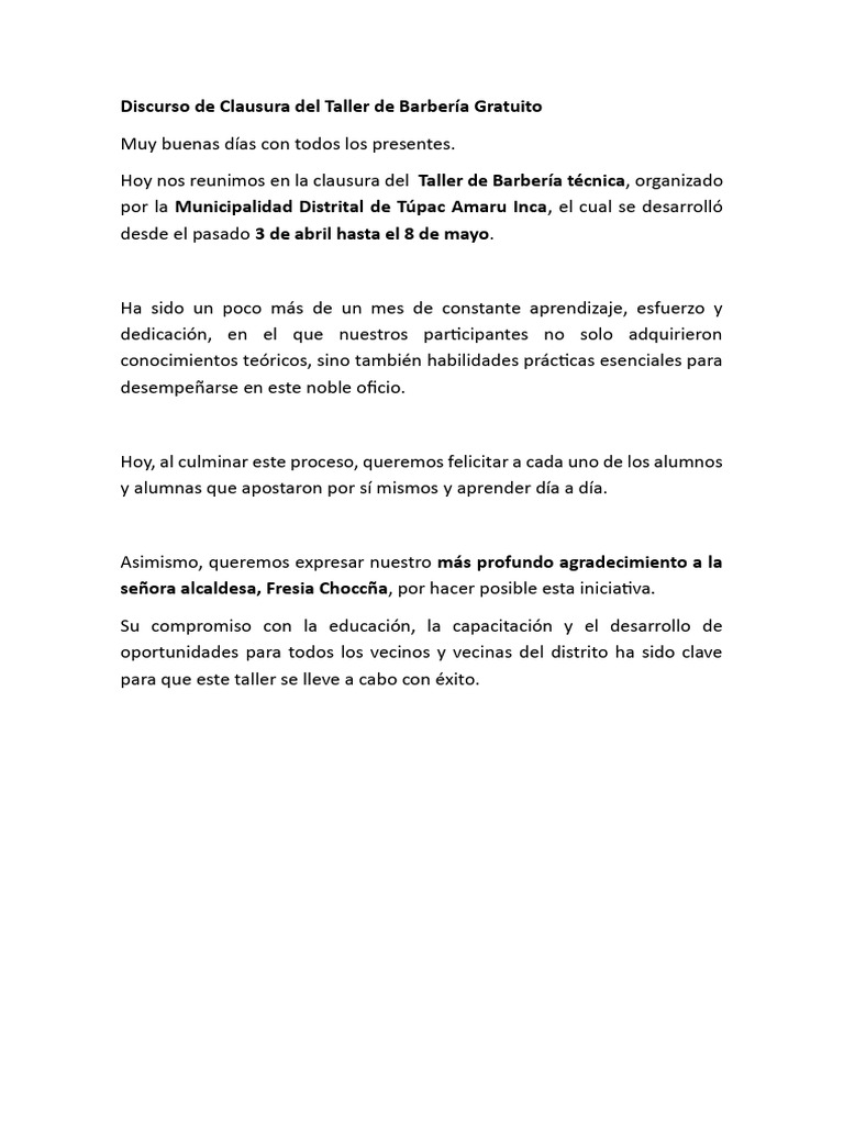 Discurso de Clausura del Taller de Barbería Gratuito | PDF