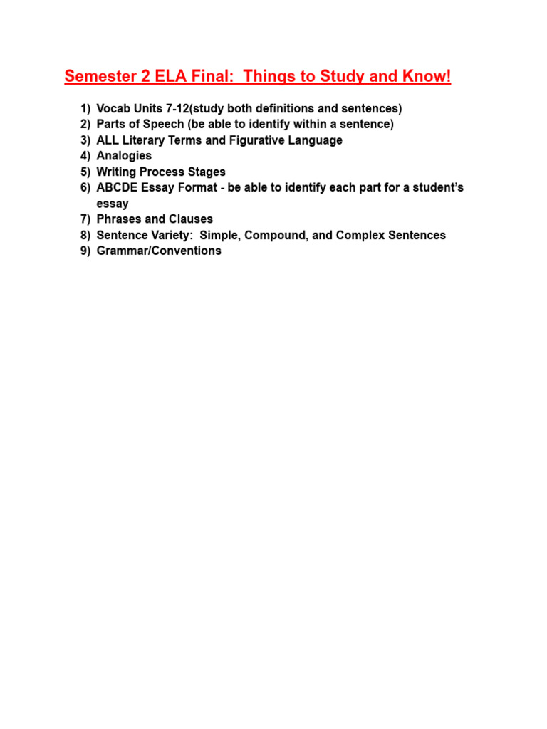 Semester 2 ELA Final - Things To Study and Know | PDF
