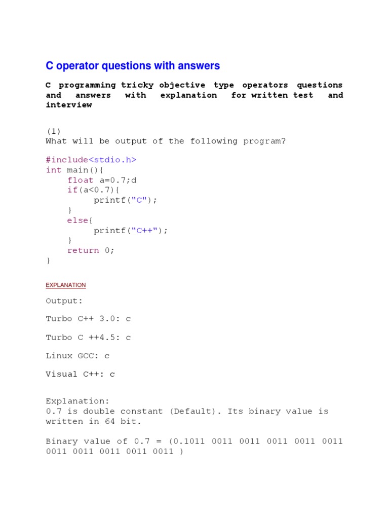 C Operator Questions With Answers | PDF | Integer (Computer Science ...
