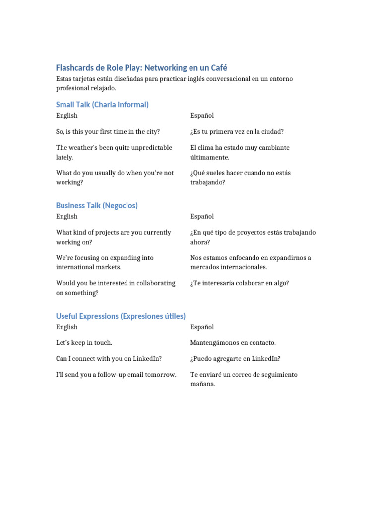 Flashcards Networking Role Play | PDF