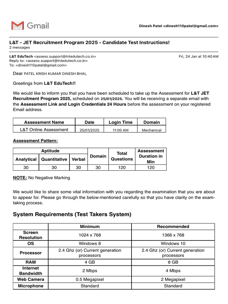 L&T - JET Recruitment Program 2025 - Candidate Test Instructions! | PDF ...