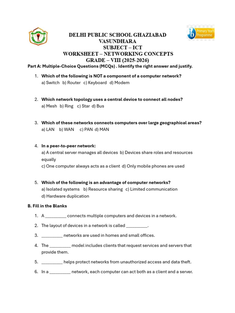 Class 8 Worksheet1 Networking | PDF | Computer Network | Network Topology