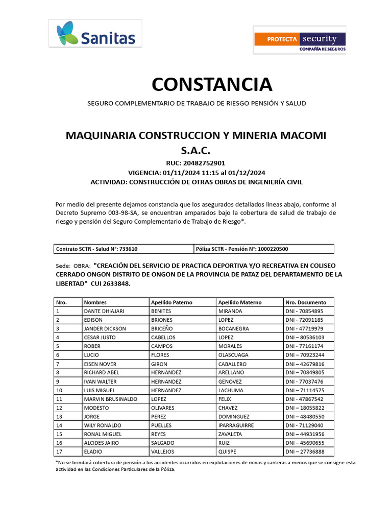 Constancia SCTR | PDF | Servicios financieros | Riesgo financiero