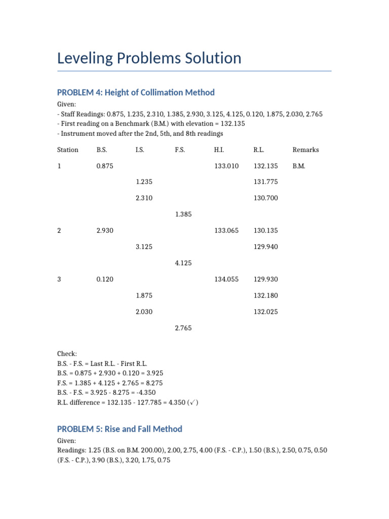 Height of Collimation & Rise-Fall Methods | PDF