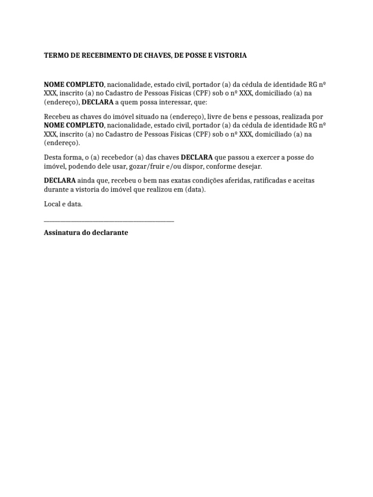 Modelo de Termo de Recebimento de Chaves de Posse e Vistoria | PDF