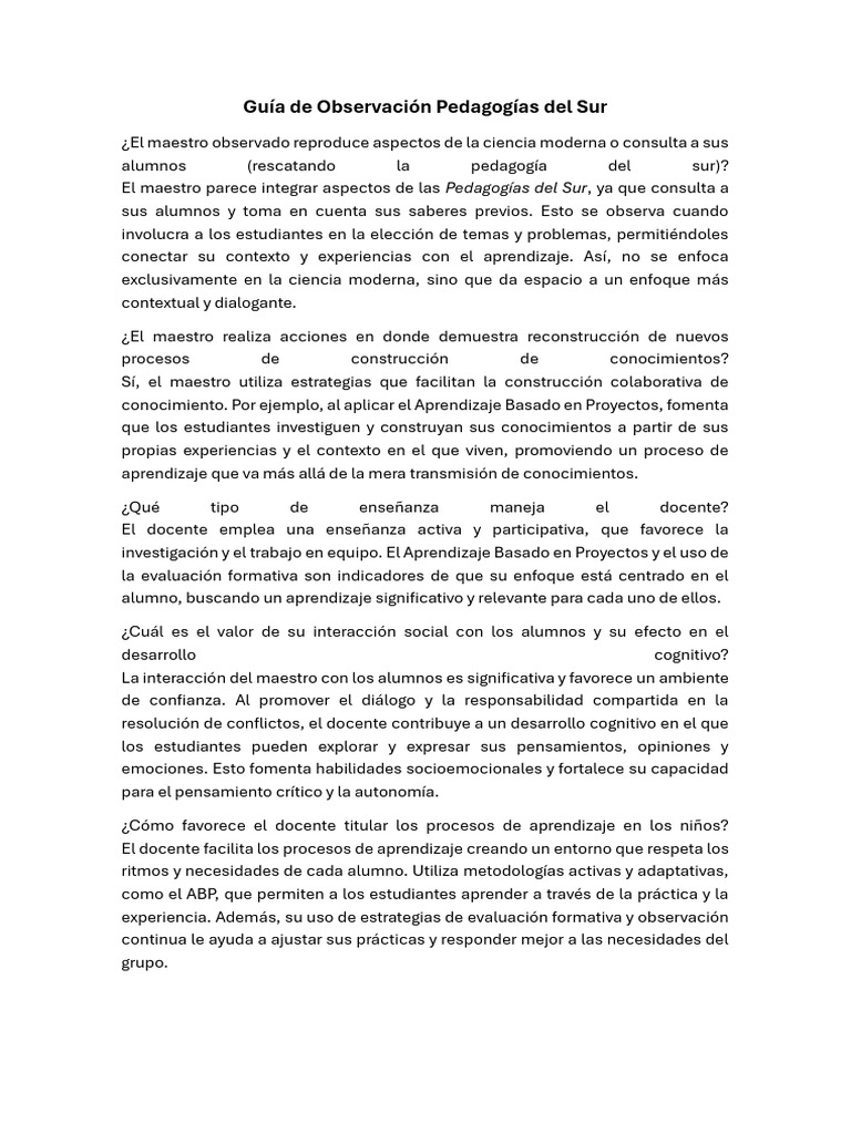 Guía de Observación Pedagogías Del Sur | PDF | Maestros | Enseñando