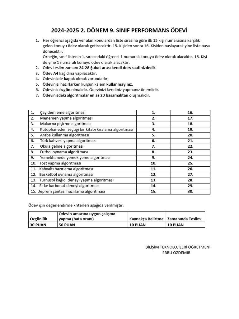 2024-2025 9. Sinif 2. Dönem Performans Ödevi̇ | PDF