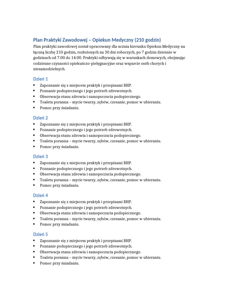 Plan Praktyki Opiekun Medyczny 210h | PDF