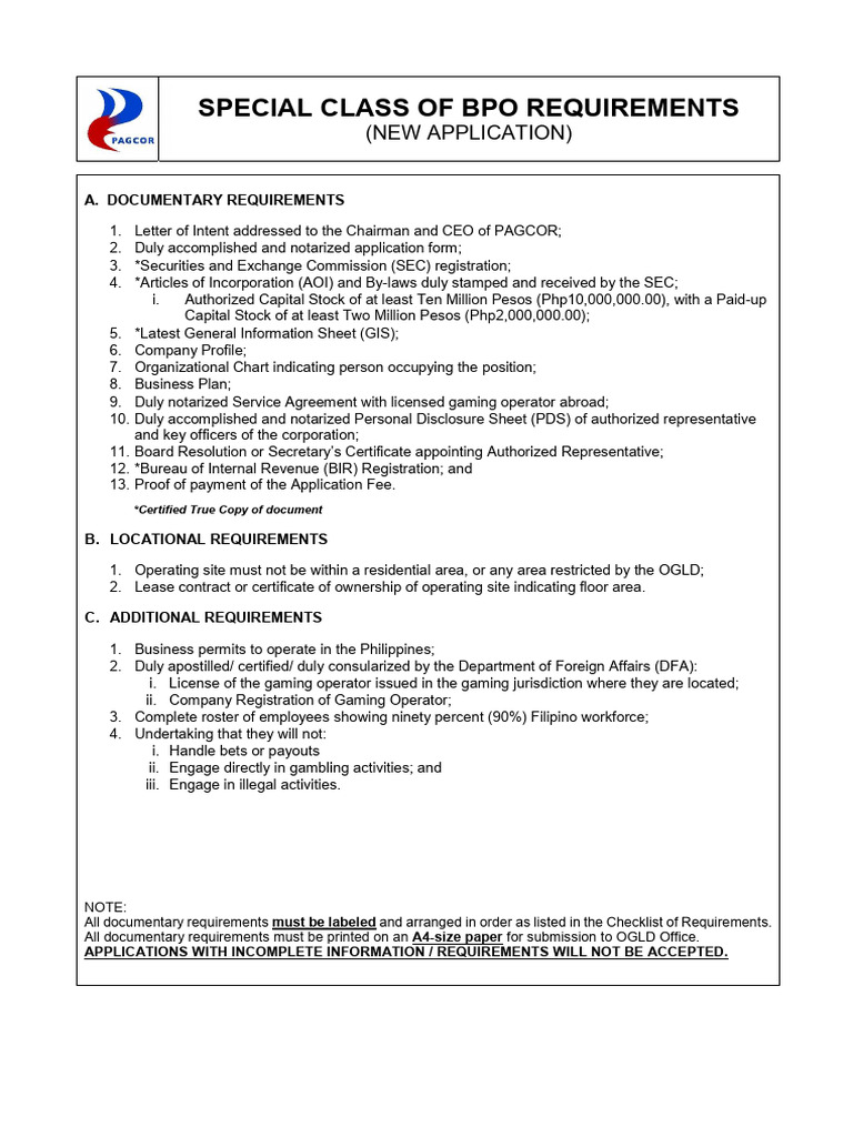 BPO Application Requirements Checklist | PDF