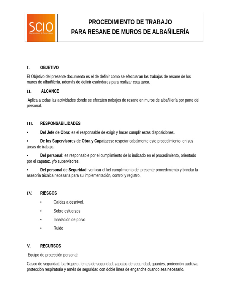 Procedimiento de Trabajo - Resane de Muros de Albañilería | PDF
