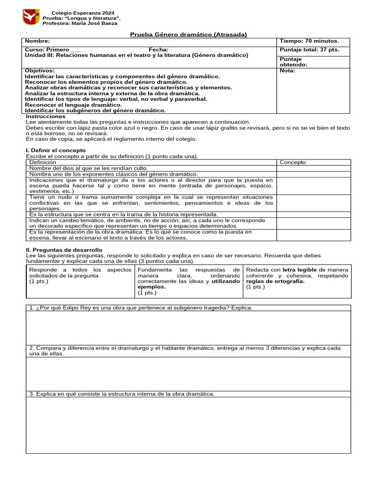 Prueba Género Dramático Primero Medio Atrasada | PDF
