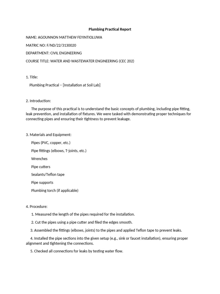 Plumbing Practical Report | PDF