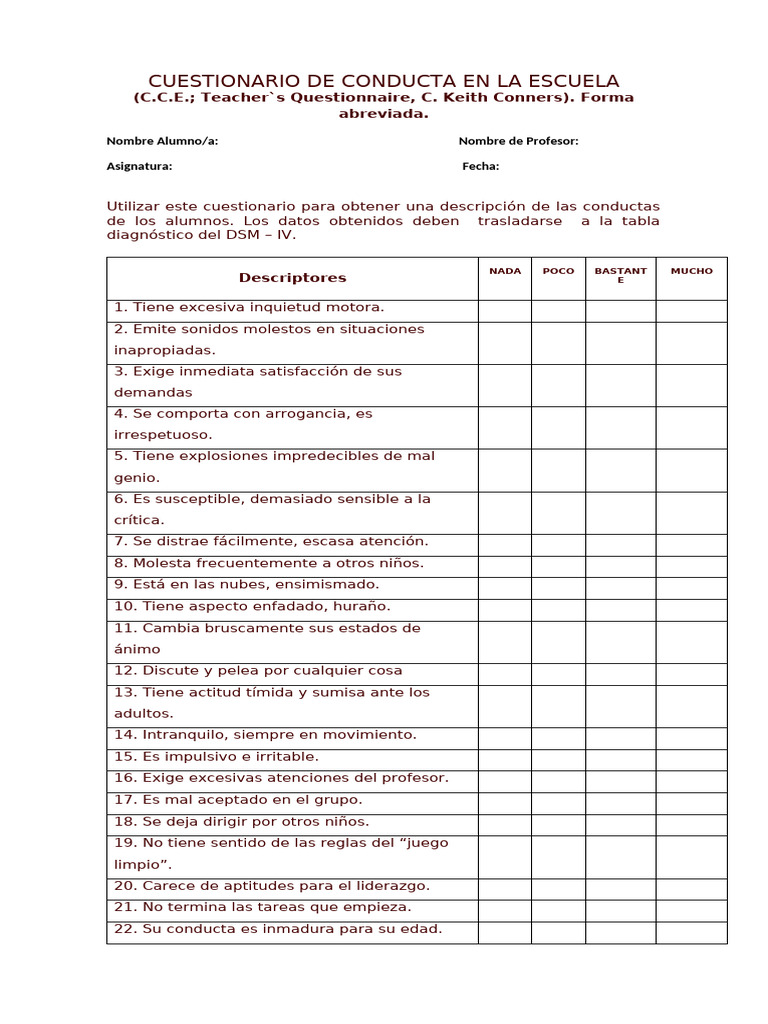 Cuestionario de Conducta Escolar Conners | PDF