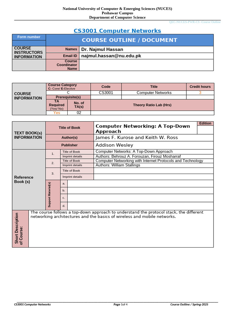 CS3001 Computer Networks Course Outline | PDF | Computer Network ...