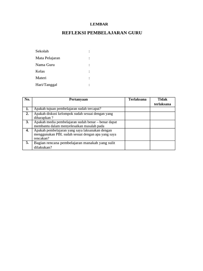 Refleksi Pembelajaran Guru PBL | PDF